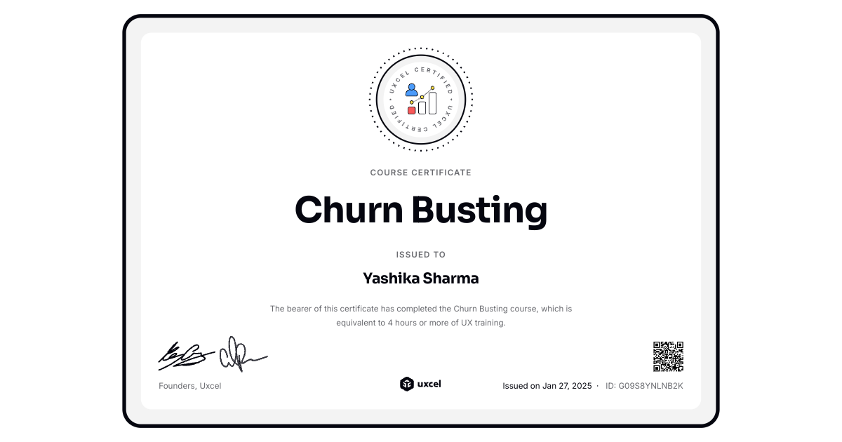 Certificate of completion for Reducing User Churn | Uxcel